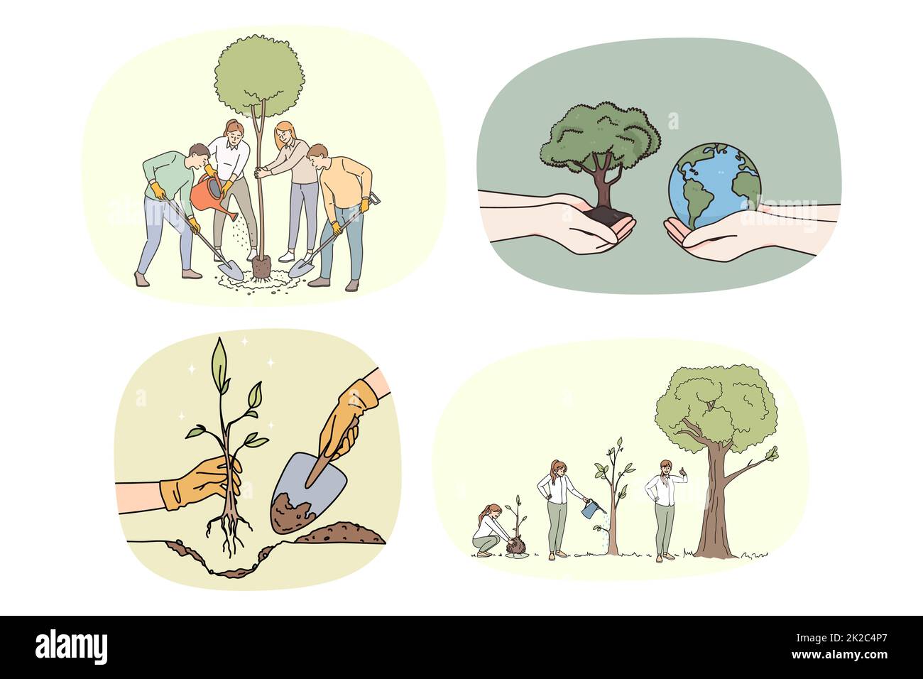 Set of volunteers plant trees saving nature Stock Photo - Alamy