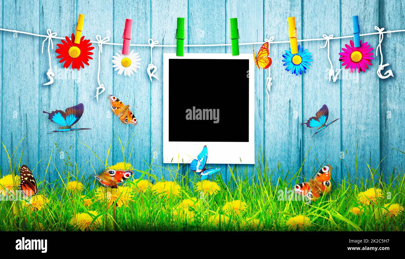 Flowers and polaroid frame with word spring. Creative floral ...