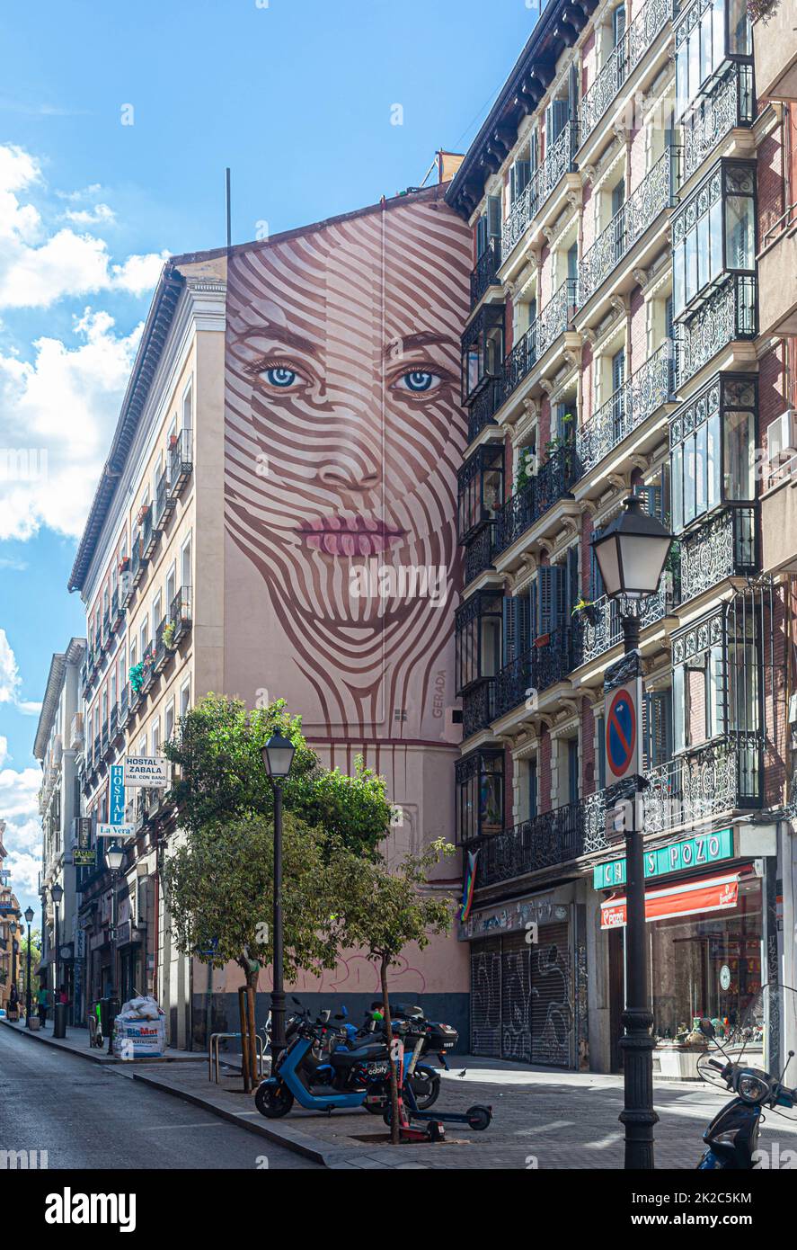 Large mural of woman's face high on external party wall of building ...