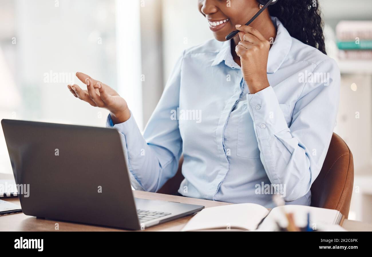 Business call center, video call consultant with laptop headset for ...