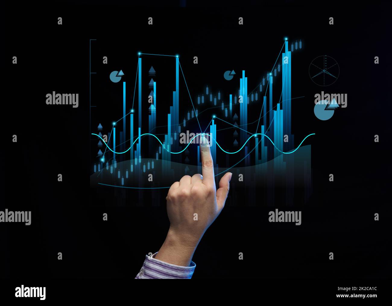 holographic graph with growing indicators and a woman's hand. Business ...