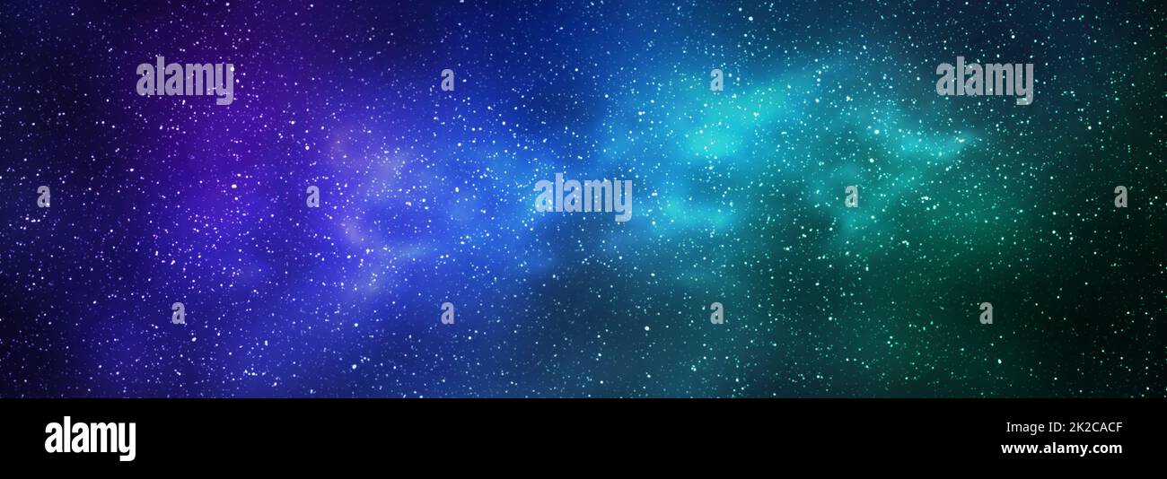 Night starry sky and bright blue green galaxy, horizontal background ...