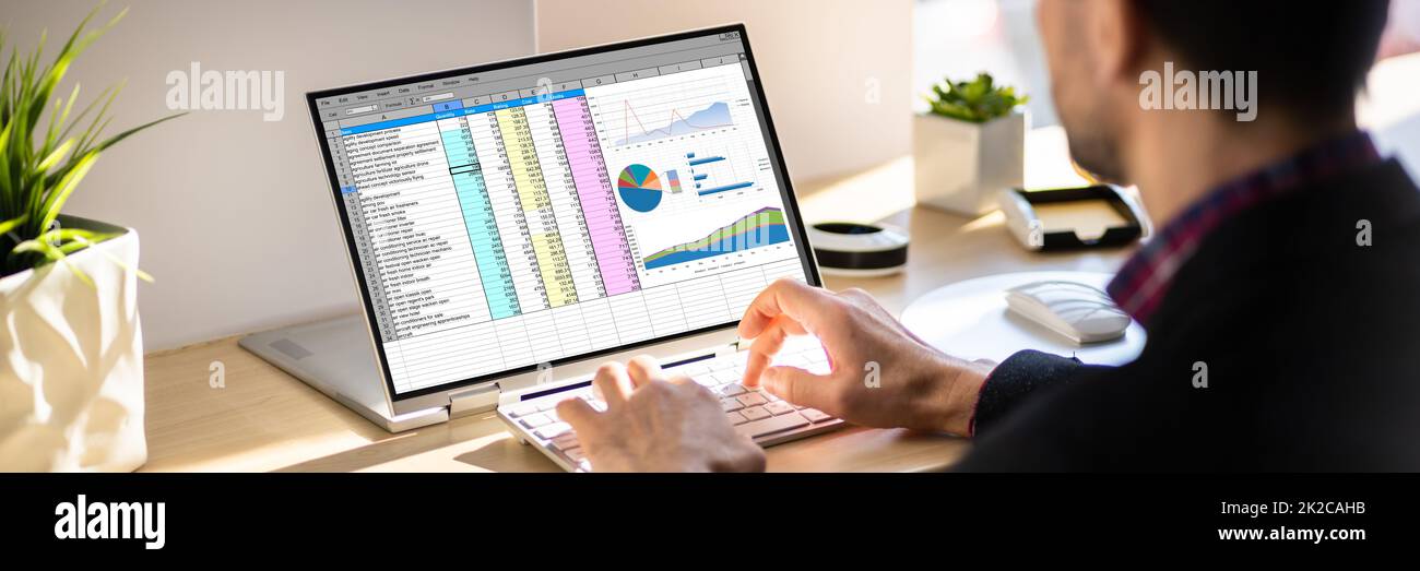 Man Working With Electronic Spreadsheet Reports Stock Photo - Alamy