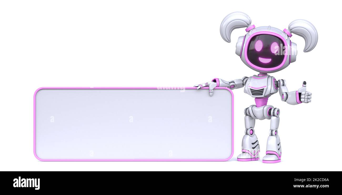 Cute pink girl robot holding blank rectangle board 3D Stock Photo - Alamy