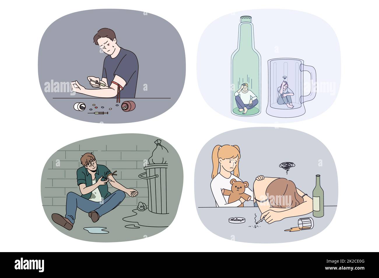 Set of diverse people struggle with addictions Stock Photo - Alamy