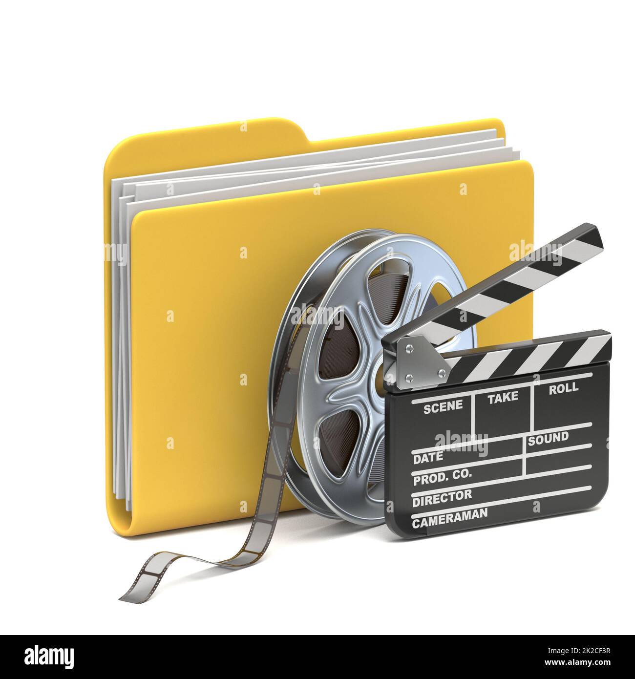 Yellow folder icon Film reel and clapboard 3D rendering illustration ...