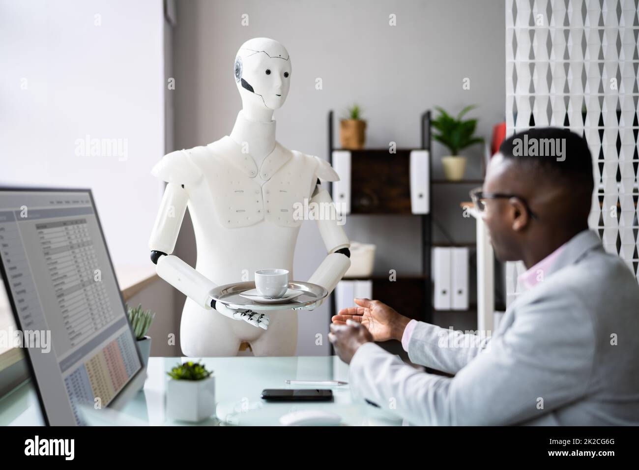 Humanoid Cyborg AI Robot Assistant Bringing Coffee To Boss Stock Photo ...
