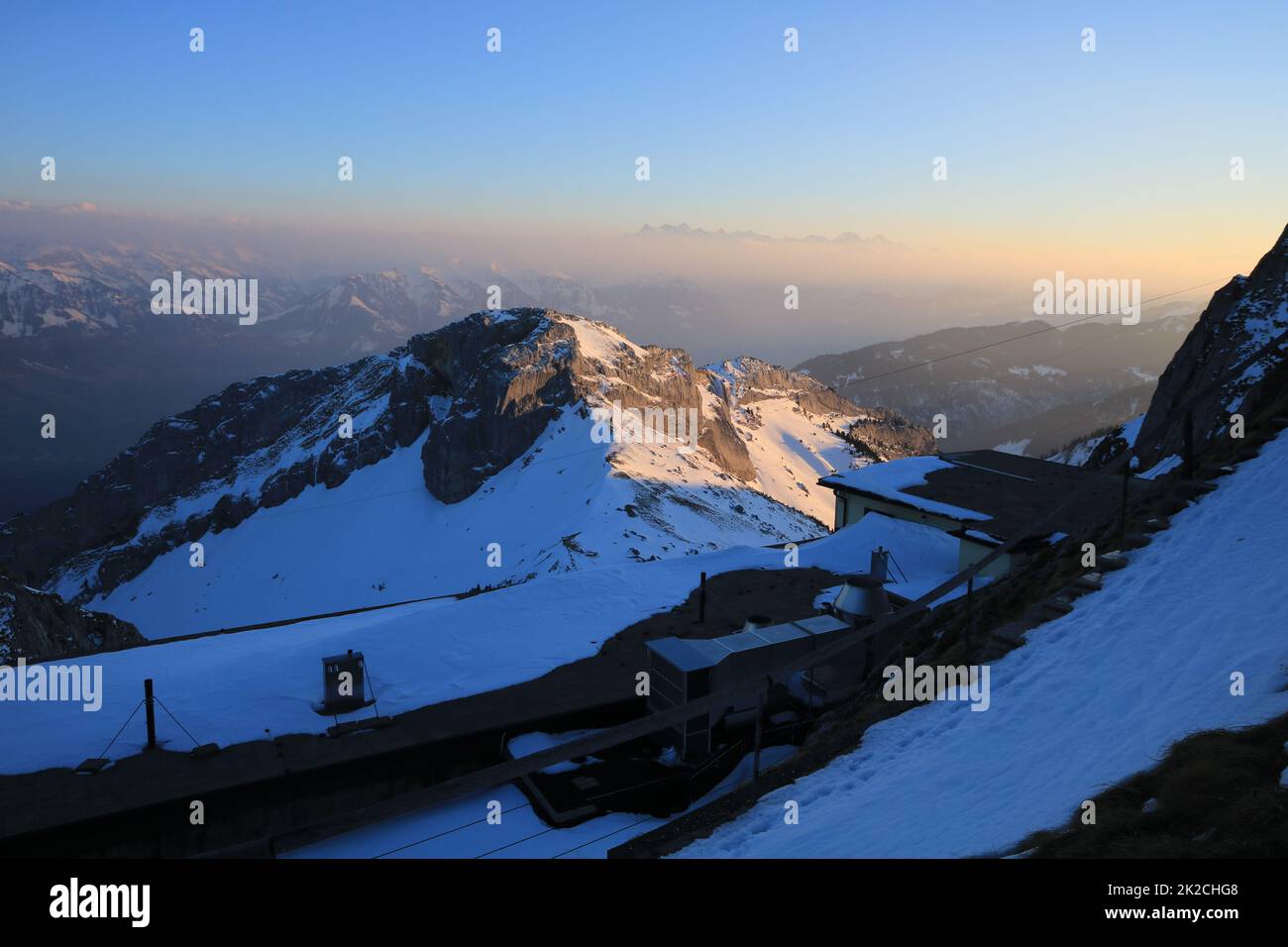 Mount Matthorn and other mountains just before sunset. View from Mount ...