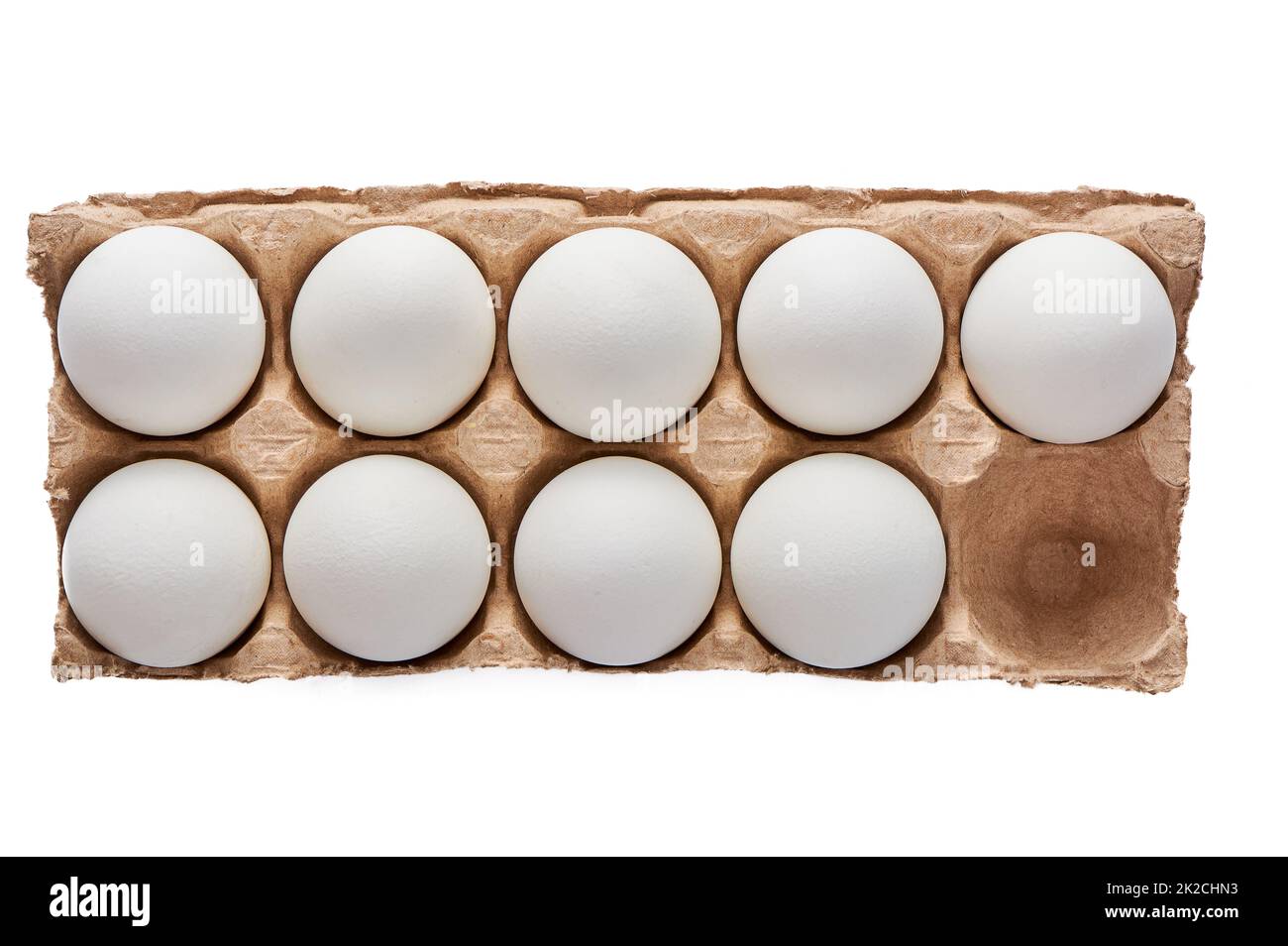 Nine white eggs on a cardboard stand on a white isolated background ...