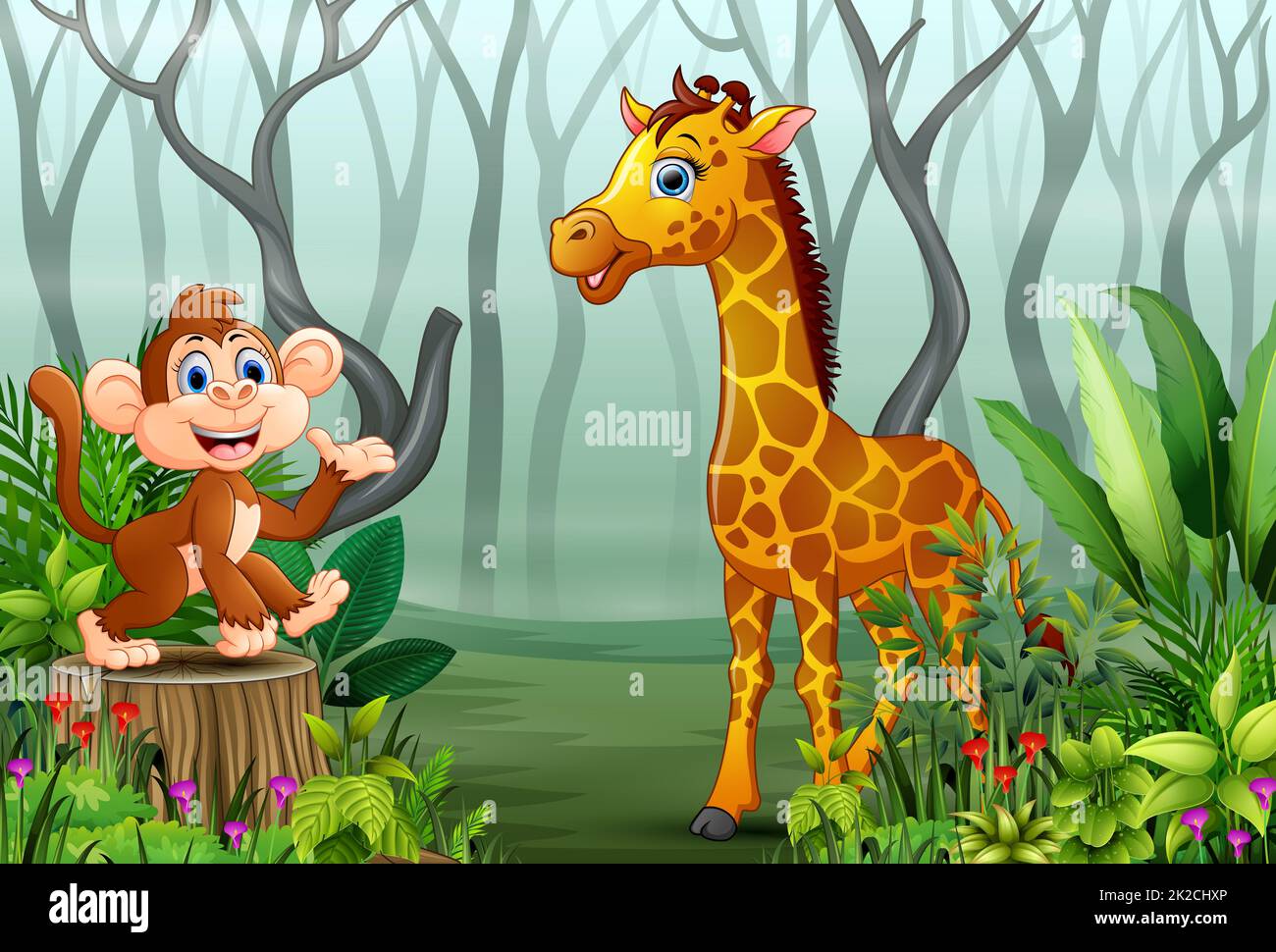 Animals cartoon in a foggy forest with views of dry tree branches Stock ...