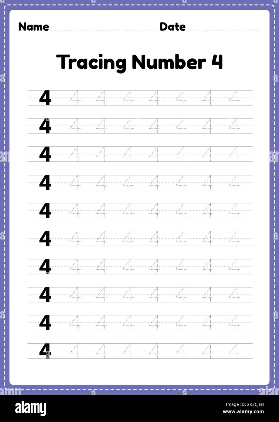 Tracing number 4 worksheet for kindergarten and preschool kids for educational handwriting ...