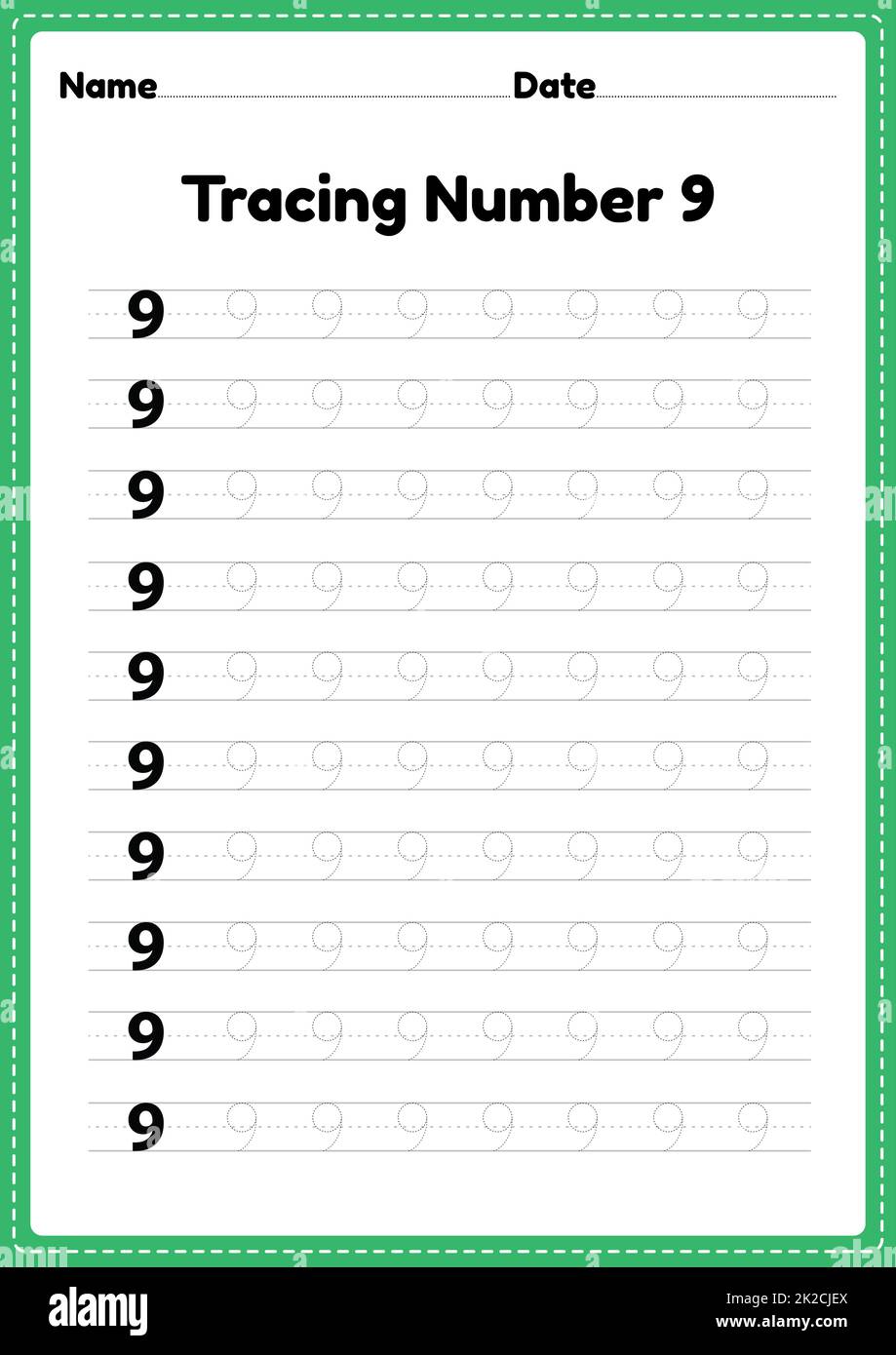 Tracing number 9 worksheet for kindergarten and preschool kids for ...