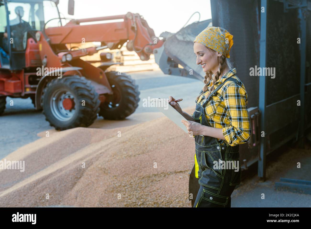 Grain being stored in granary or storage house with farmer keeping ...