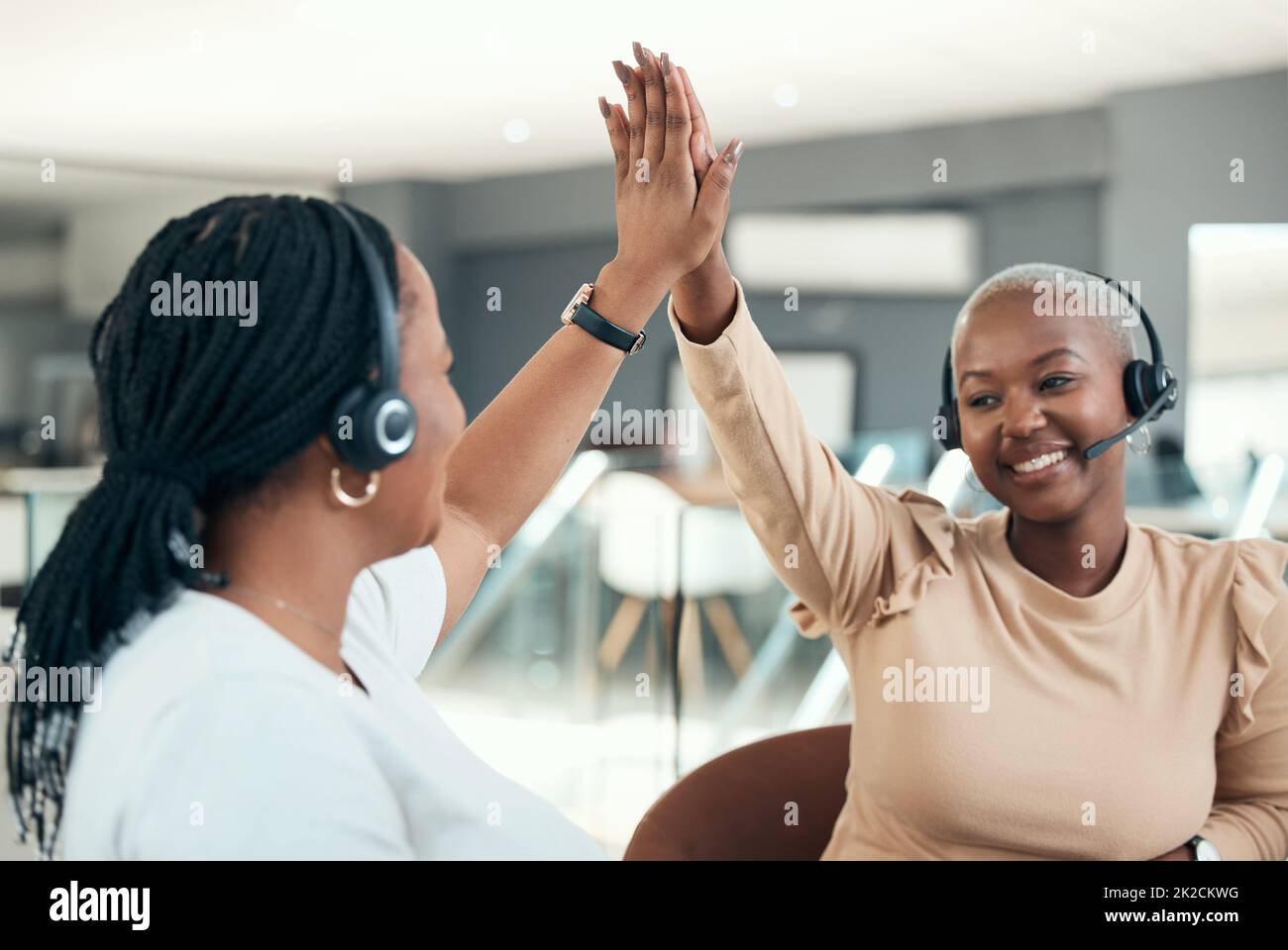 High five, call center and teamwork with women celebrating and happy ...