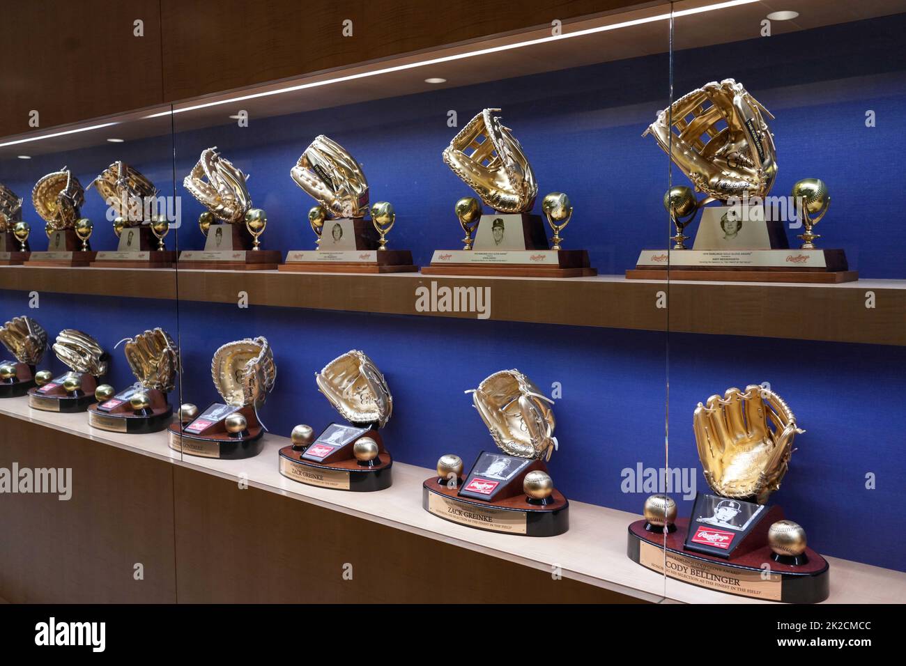 Los Angeles Dodgers golden glove award trophies on display at Dodger ...