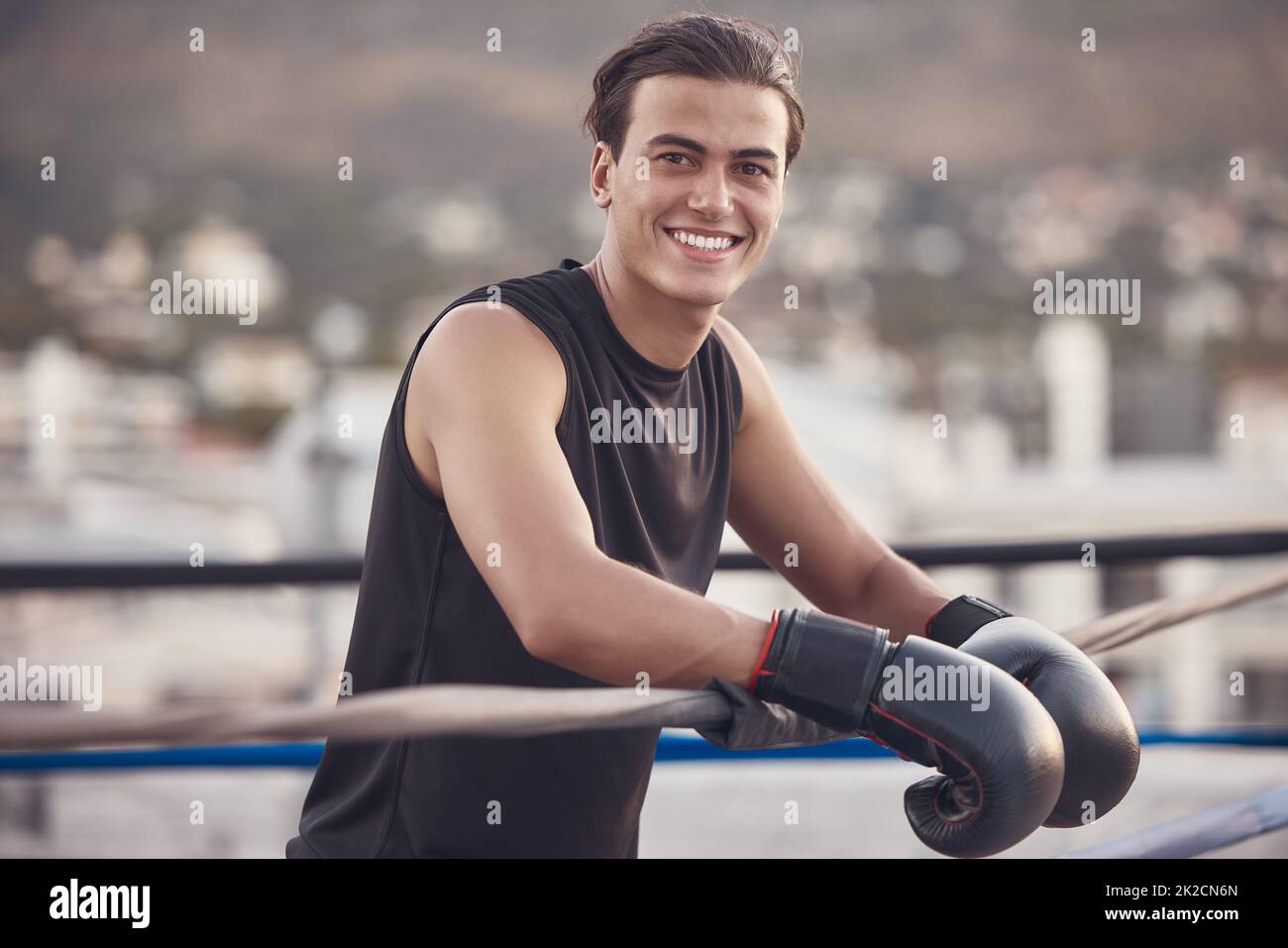 Boxing ring, gloves and man portrait for fitness vision, motivation or ...