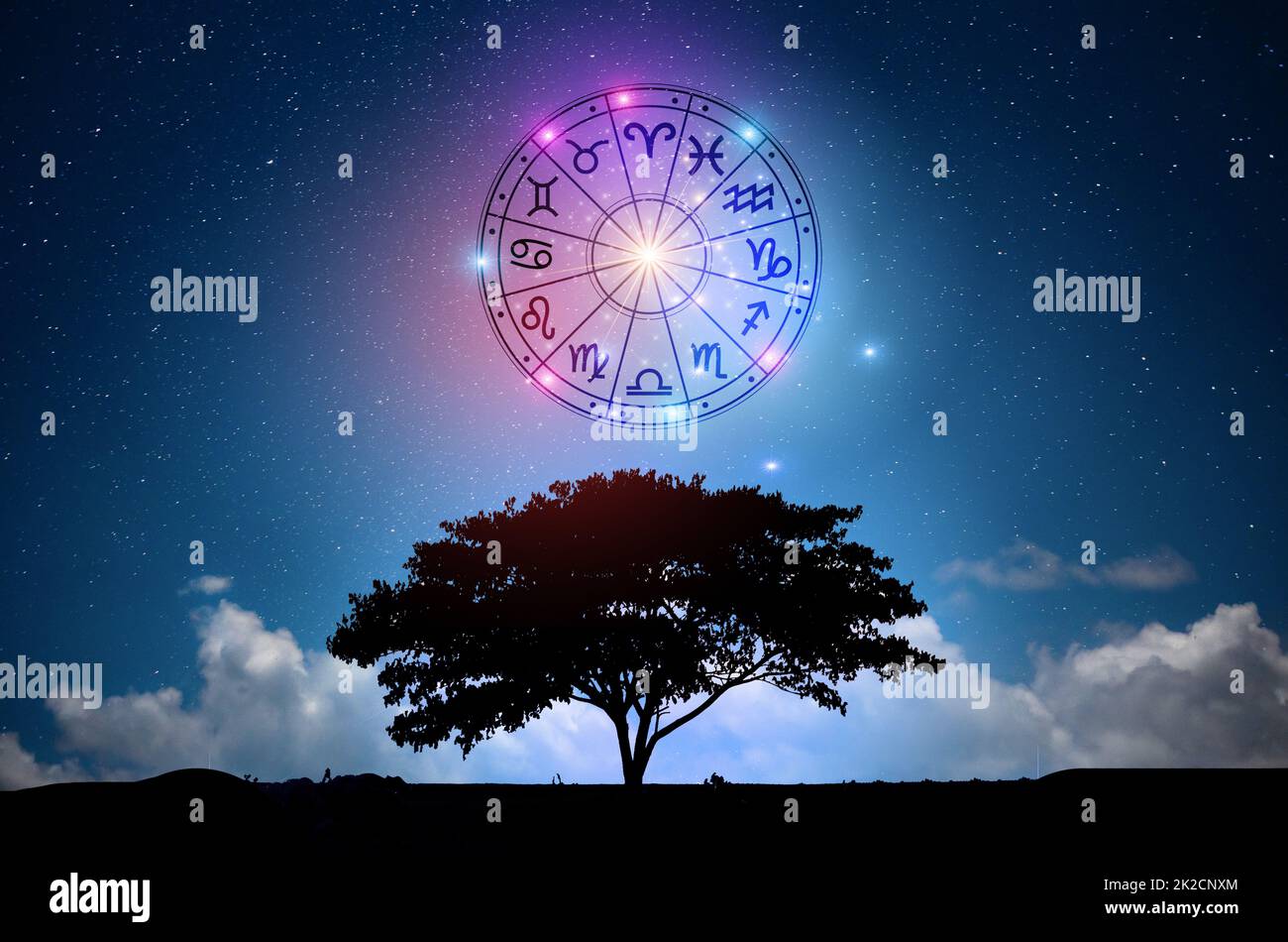 Zodiac signs inside of horoscope circle. Astrology in the sky with many ...