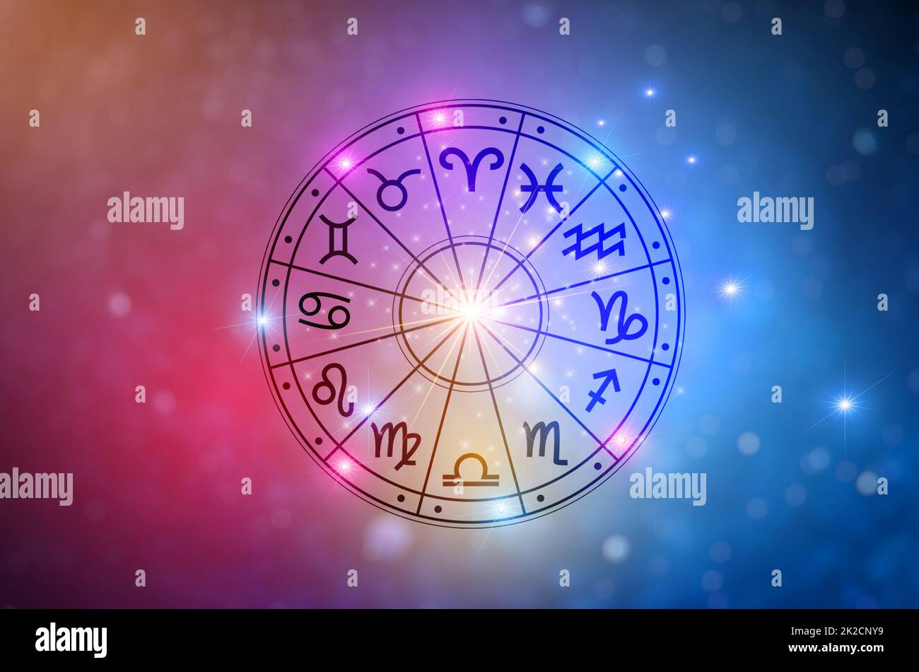 Zodiac signs inside of horoscope circle. Astrology in the sky with many ...