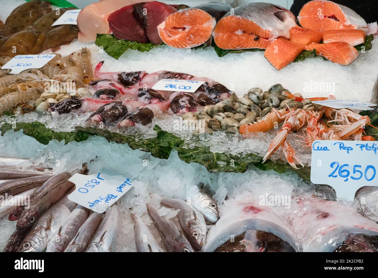 Fresh seafood and fish for sale seen at a market in Barcelona, Spain ...