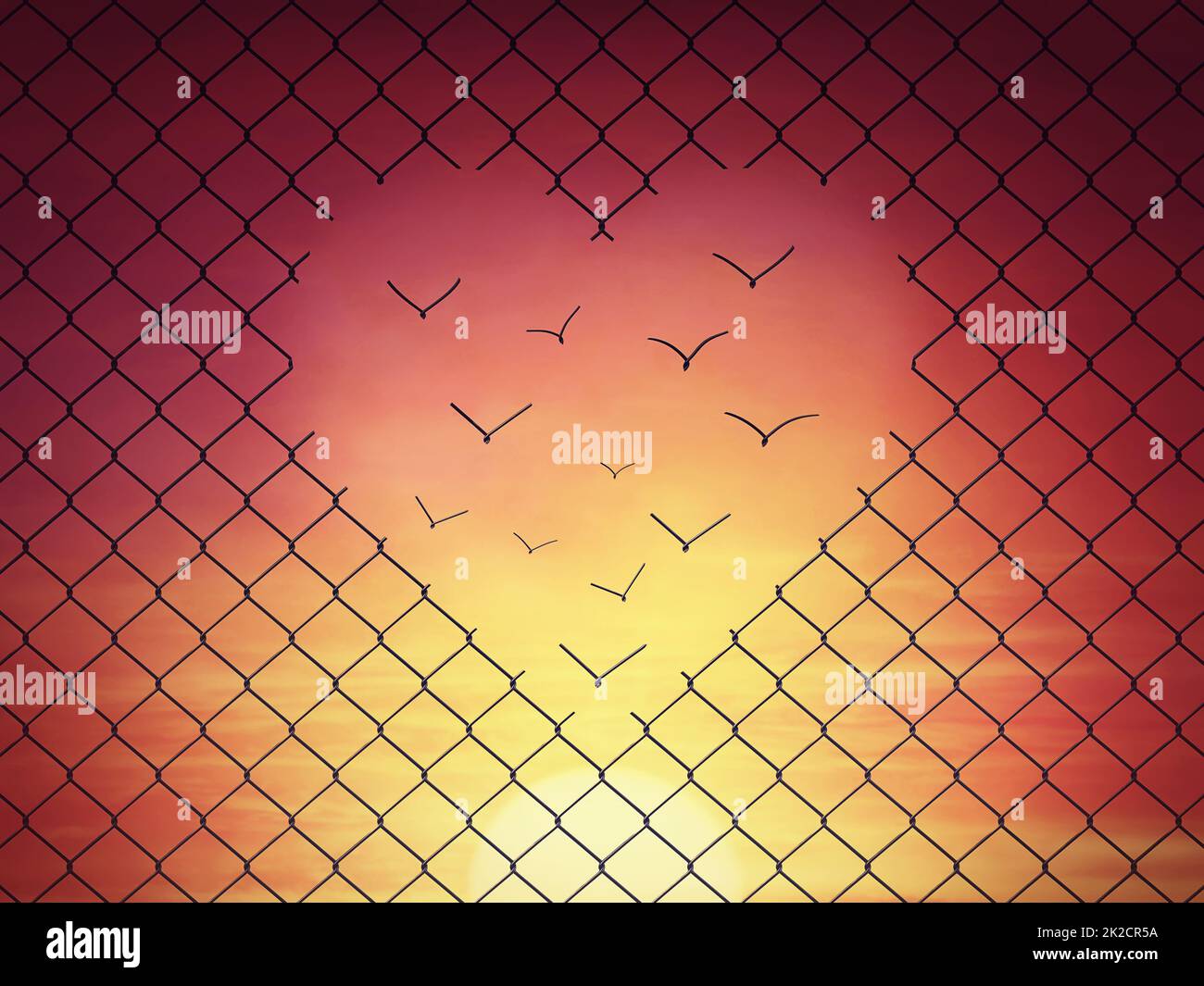 Magical escape with metallic wire mesh breaks up into a heart shape and ...