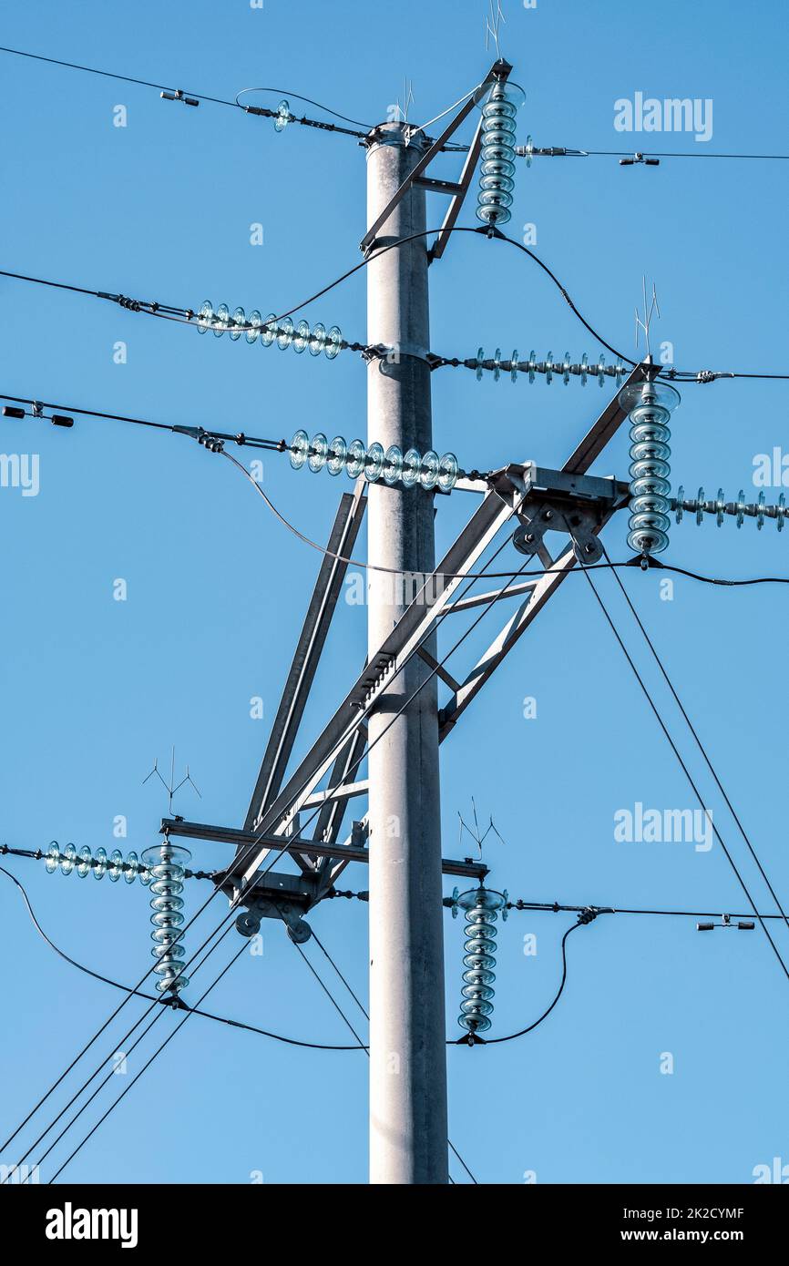 View of electricity pylon, electric lines Stock Photo - Alamy