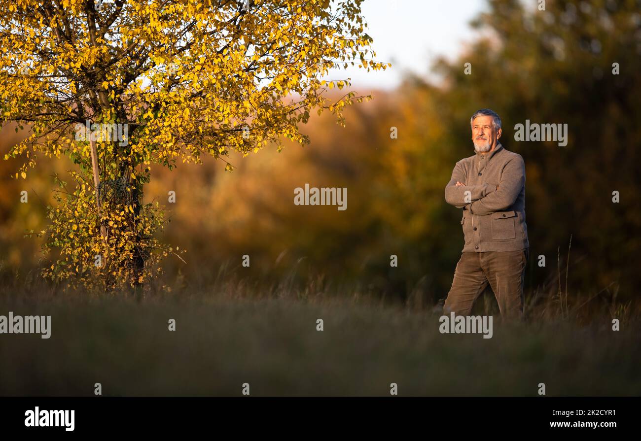 Portrait of handsome senior man in the autumn outdoors. Active senioor ...