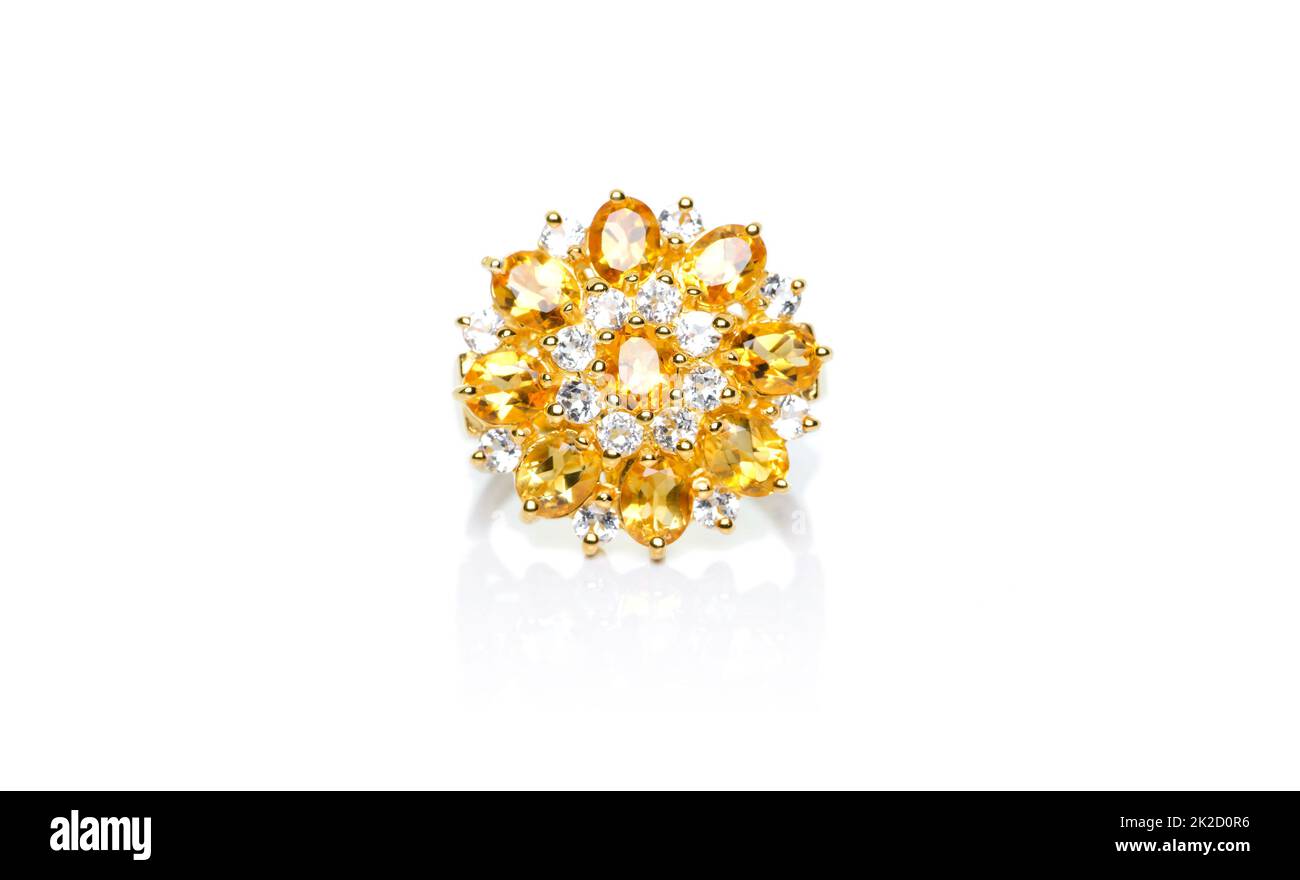 Yellow sapphire and Diamond Jewel or gems ring on white background with ...