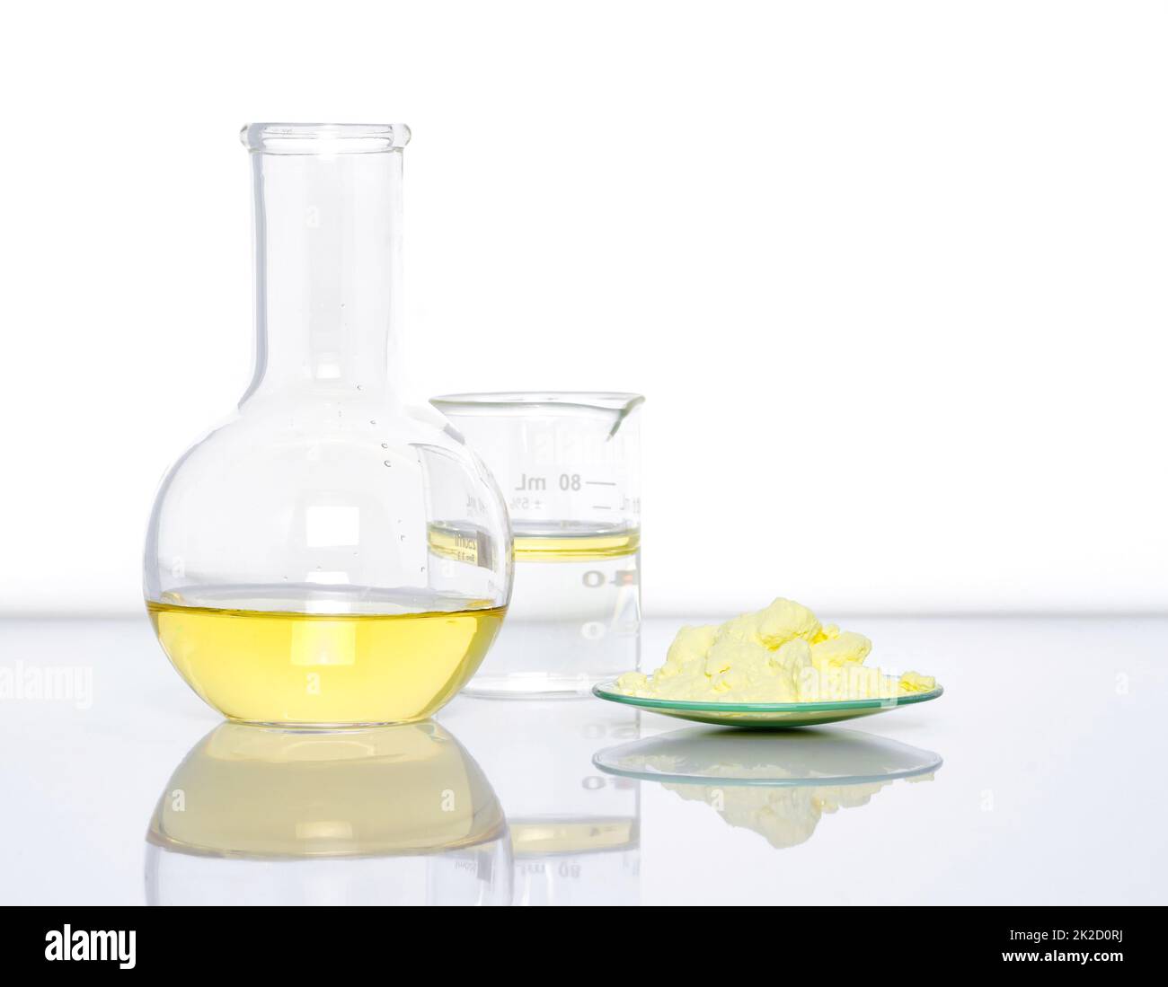 Closeup chemical ingredient on white laboratory table. Sulfur Powder in ...