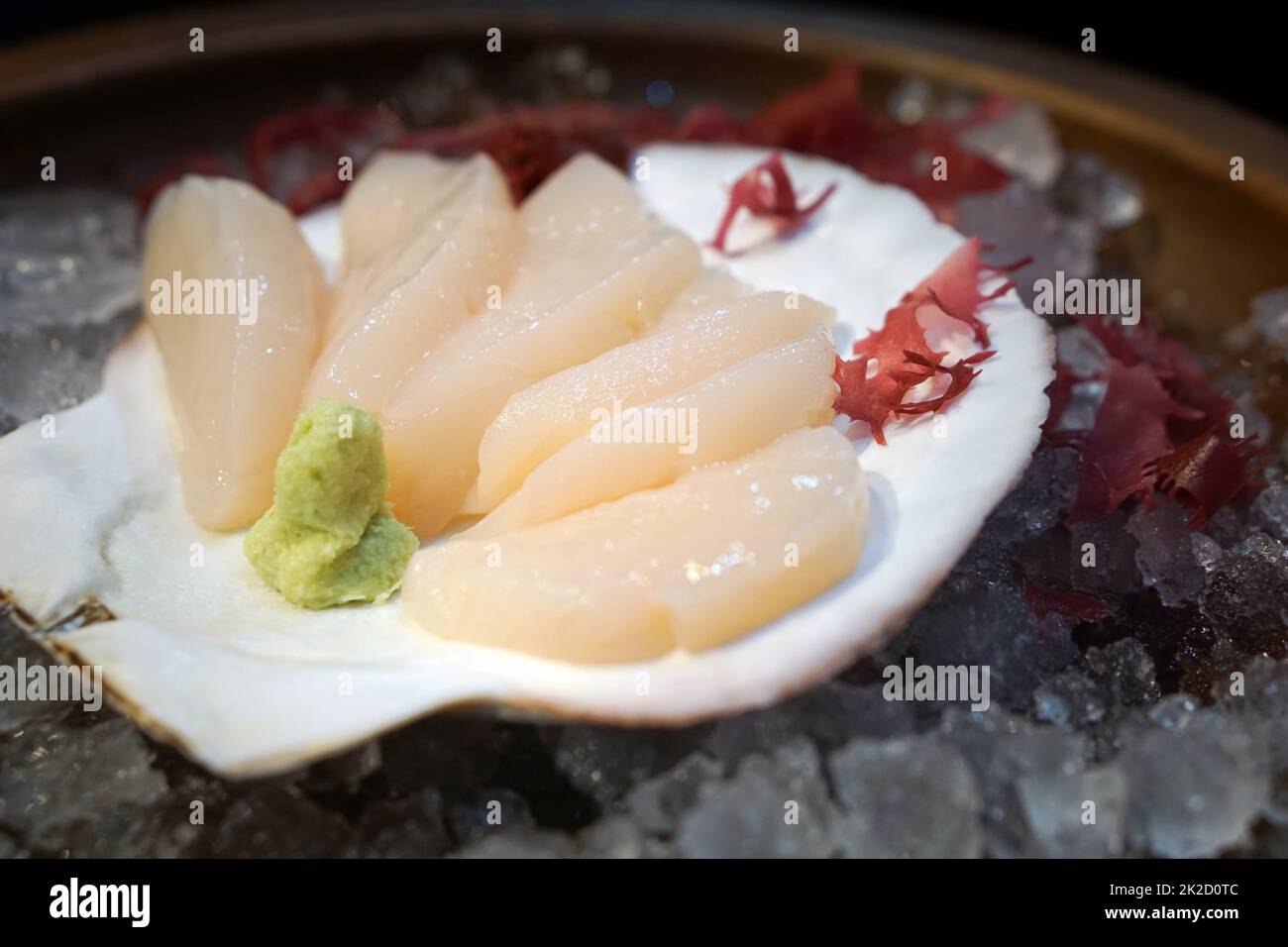 Hotate sashimi set is beautifully arranged on ice decorated with large ...