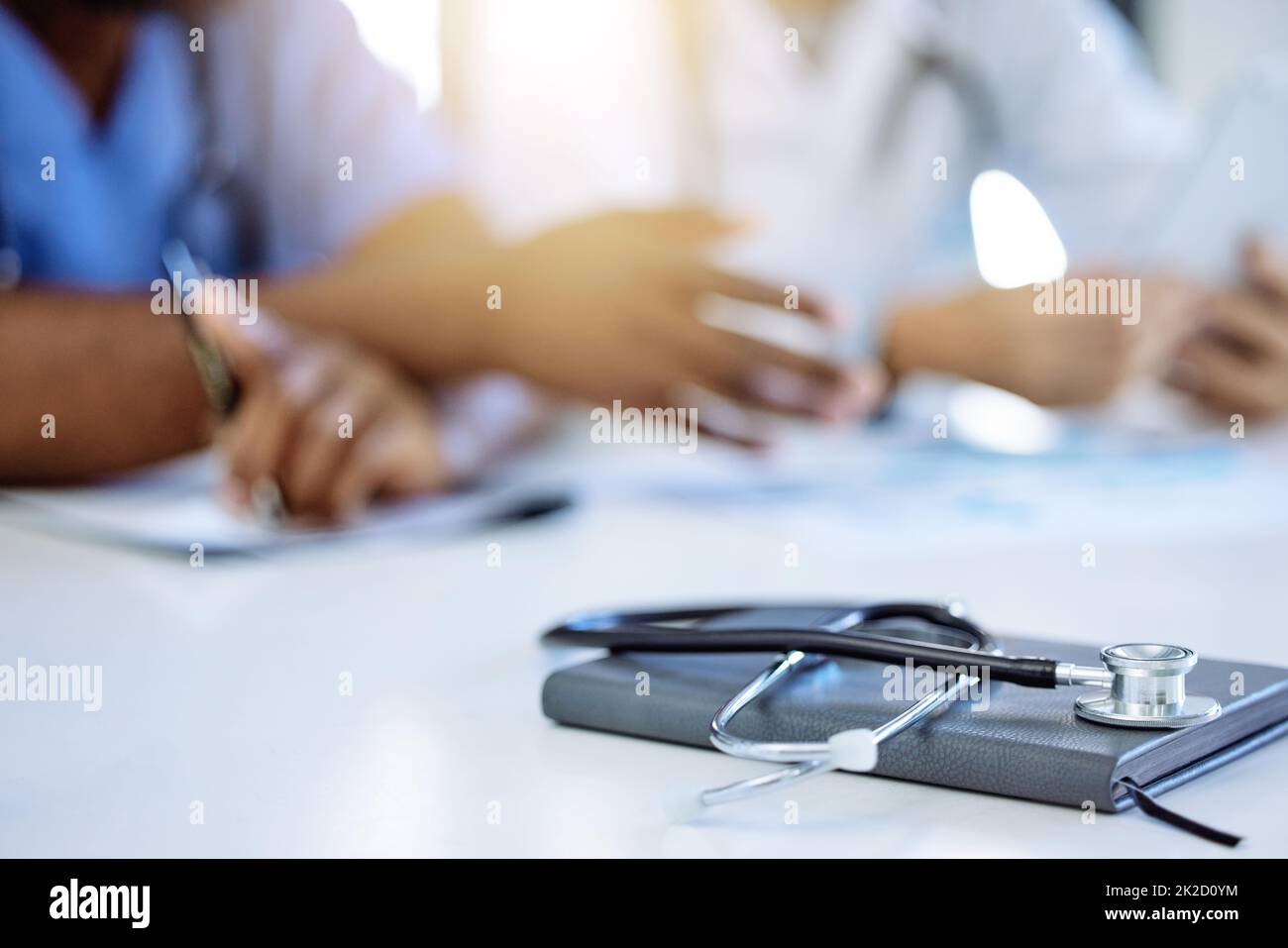 Stethoscope and notebook for cardiology or heart health in hospital ...