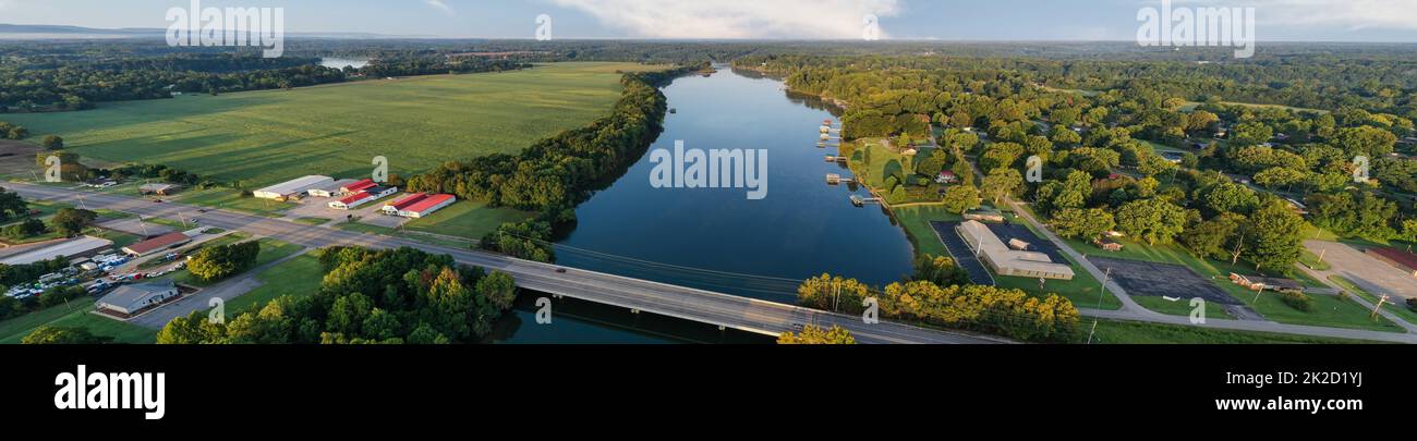 Panorama of a bridge crossing the Elk River. Aerial, overhead, view, of ...