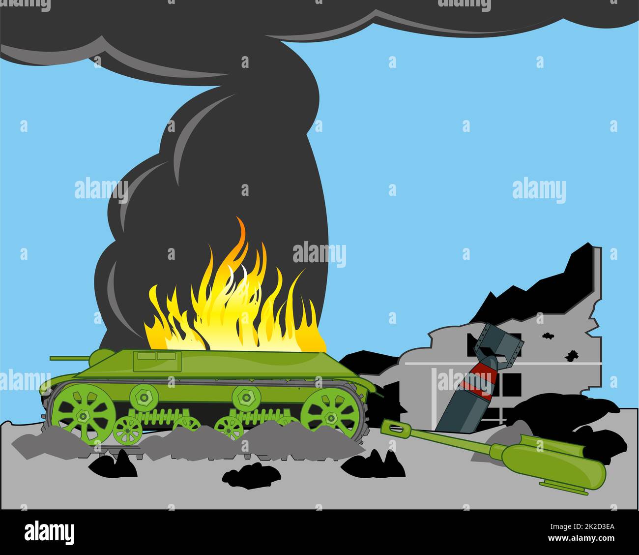 Military conflict and damaged burning tank in rubble Stock Photo - Alamy
