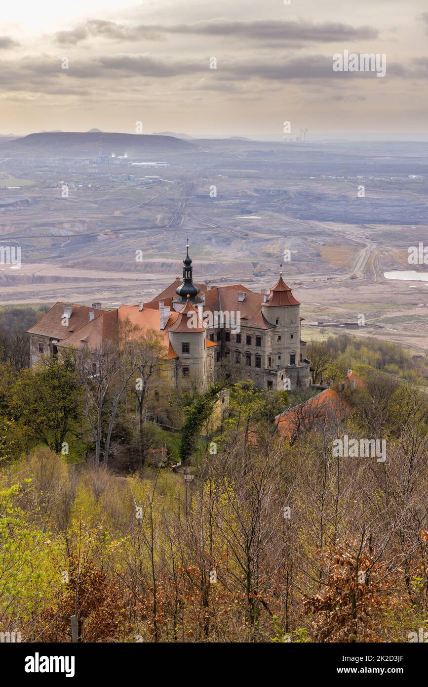 Jezeri castle with a coal mine, Northern Bohemia, Czech Republic Stock ...