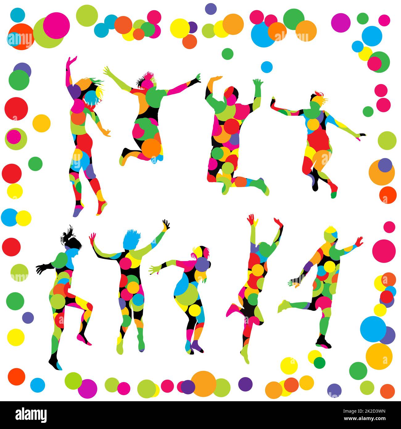 Silhouettes of men and women jumping with colorful dots pattern Stock ...