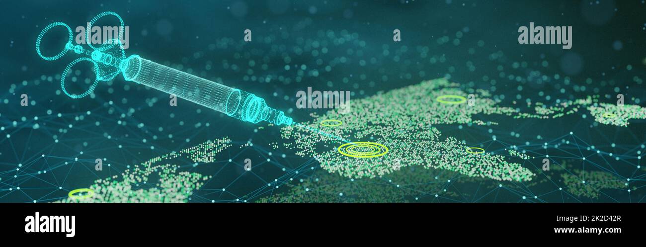 Medical syringe with a needle vaccinated the planet Earth. 3D rendering ...