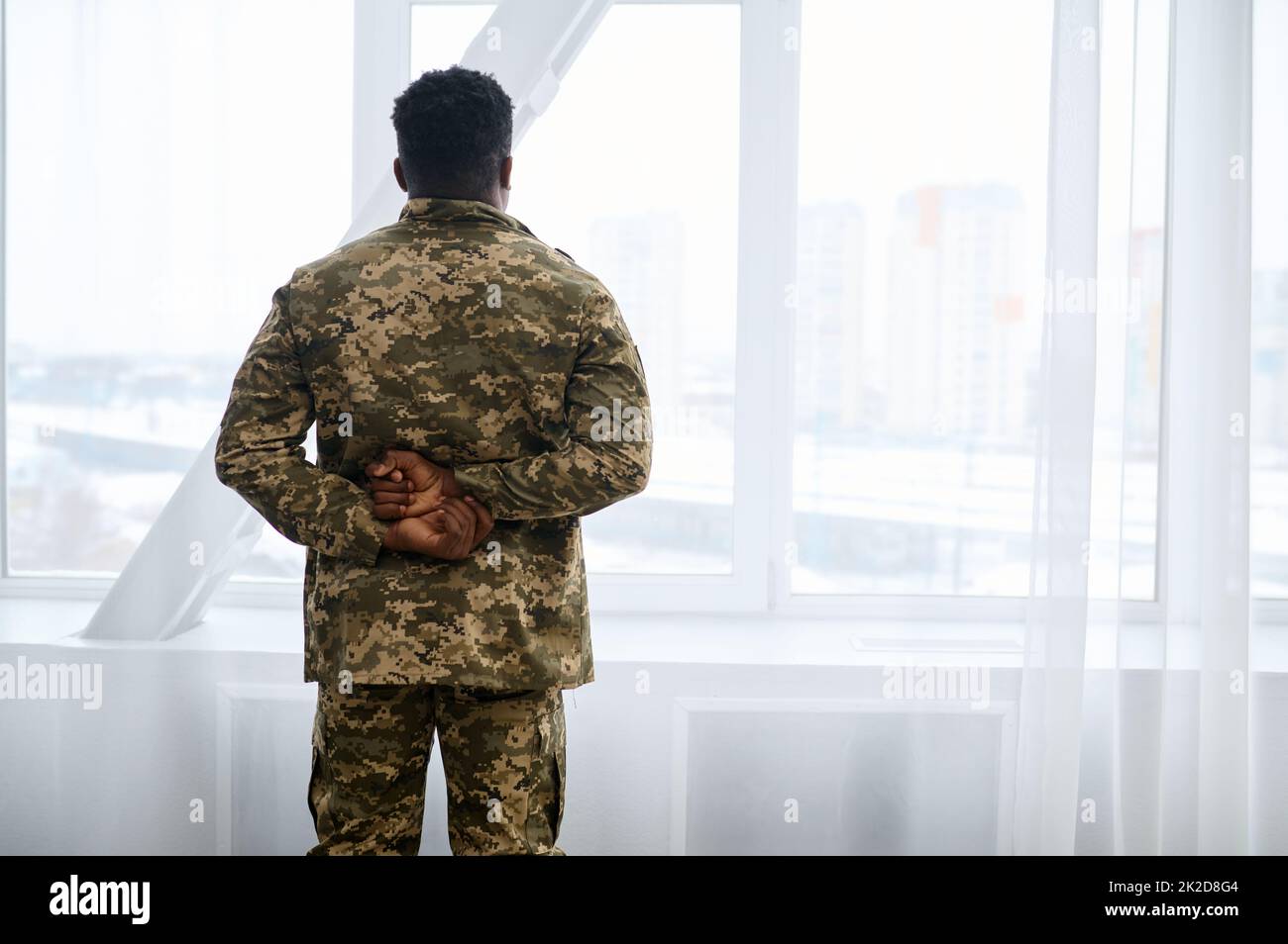 Back view on veteran looking out window Stock Photo - Alamy