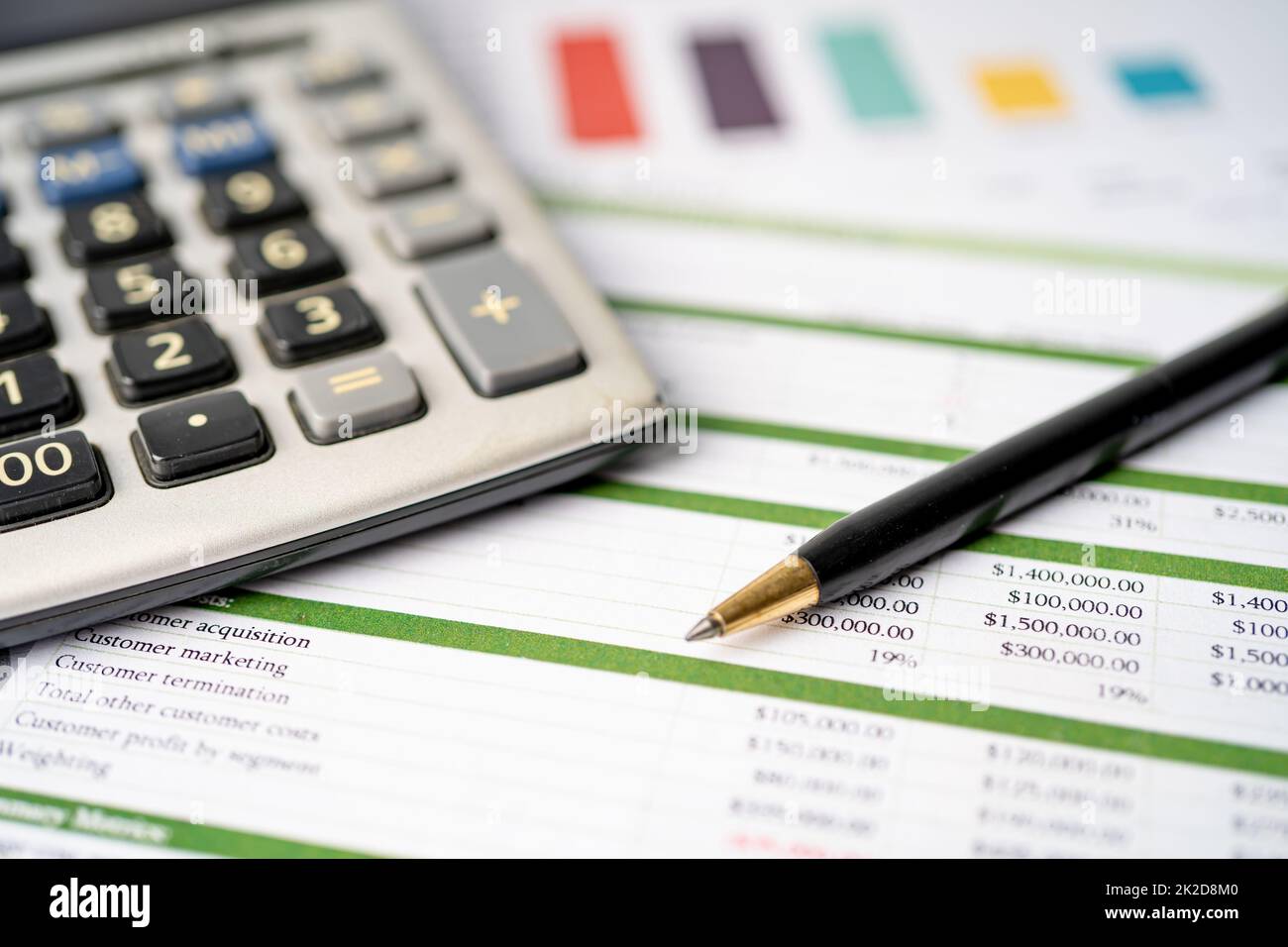 Calculator on chart and graph spreadsheet paper. Finance development ...