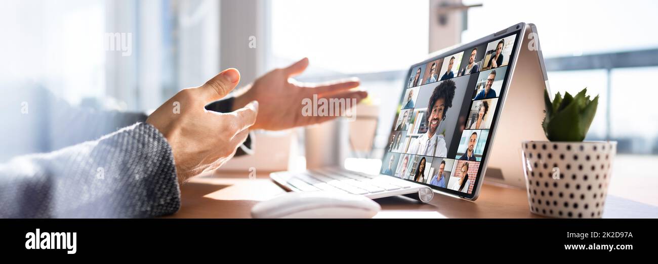 Virtual Conference Meeting In Office Room On Hybrid Convertible Laptop ...