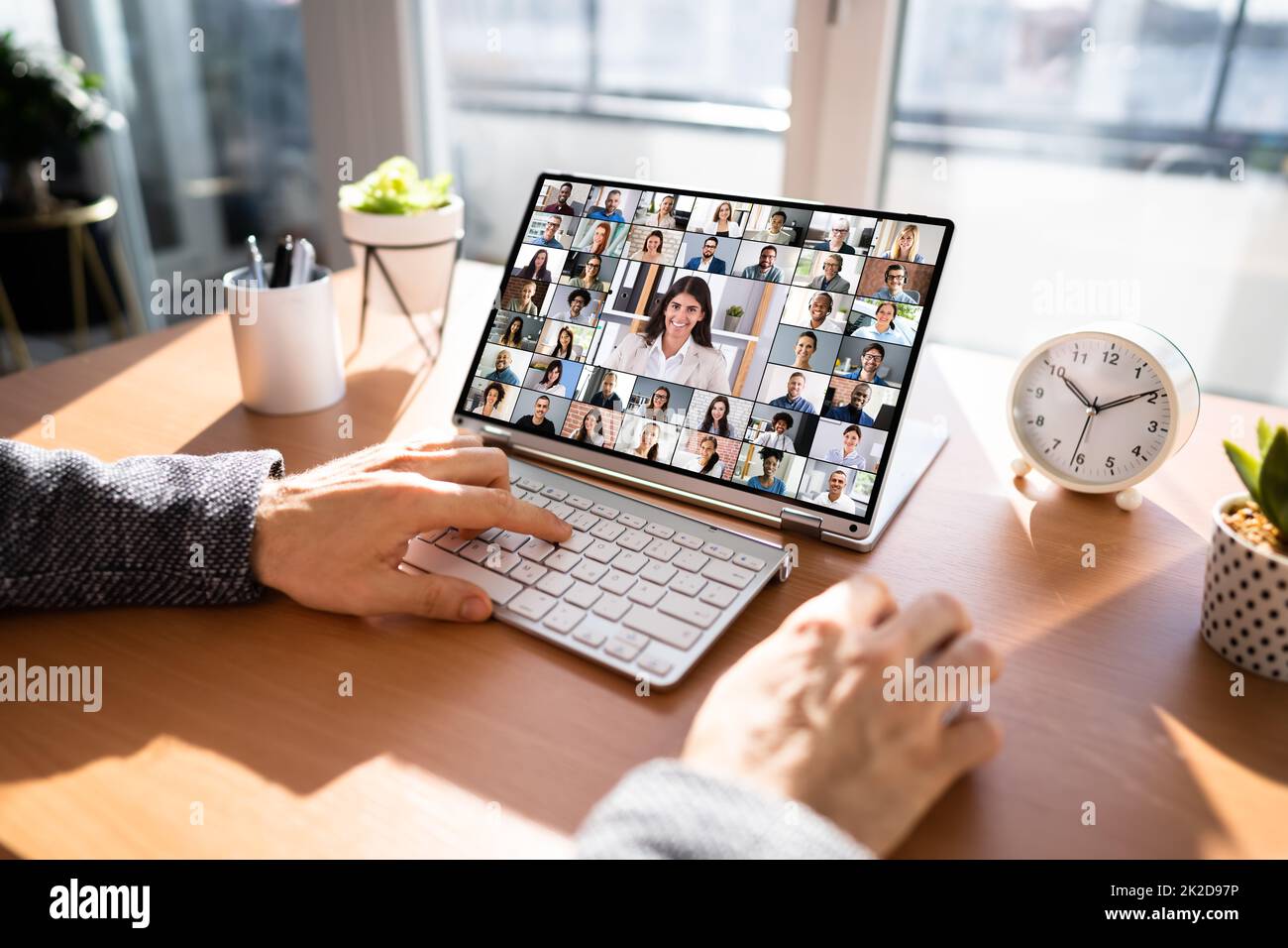 Virtual Conference Meeting In Office Room On Hybrid Convertible Laptop ...