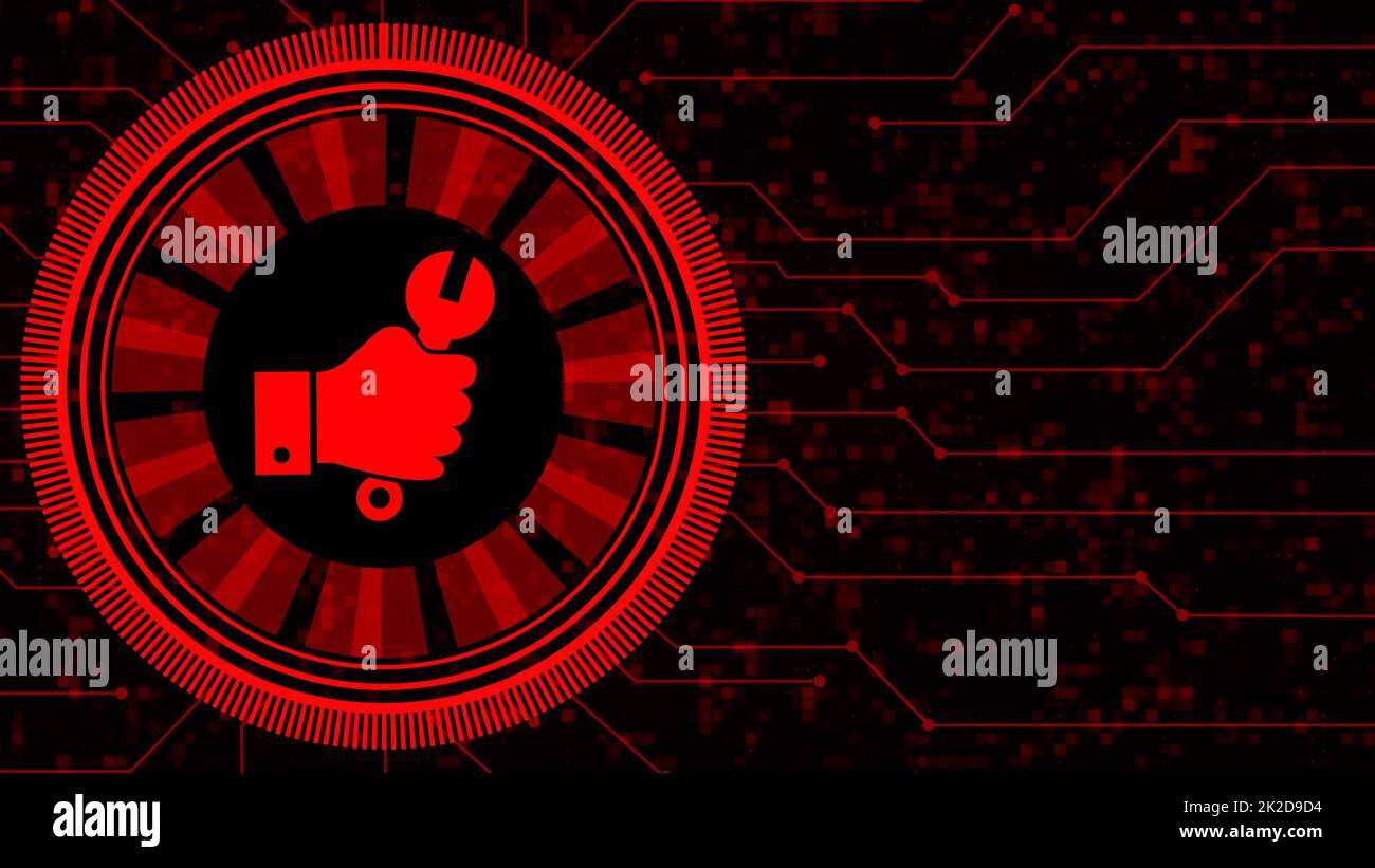 Hand with wrench in center of various graphic elements on digital ...
