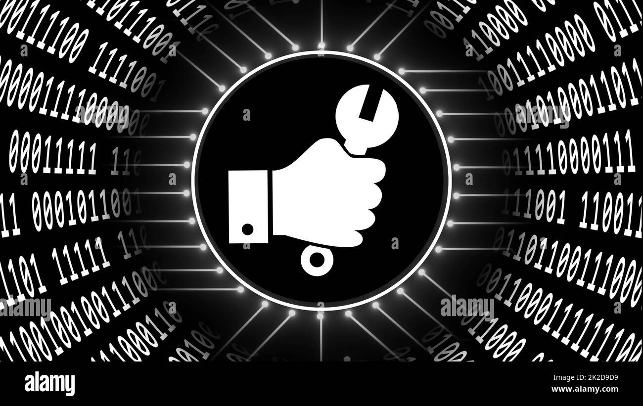 Hand with wrench in center of abstract futuristic background of data flow - binary code arranged ...