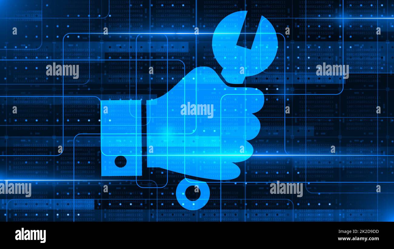 Hand with wrench in blue design on graphic elements over blocks of binary code arranged as a ...