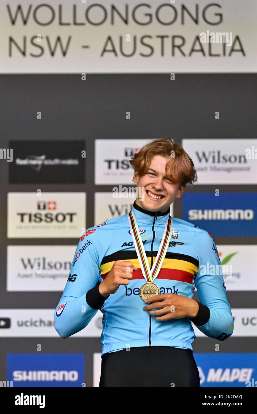 Belgian Vlad Van Mechelen celebrates on the podium after the Junior men ...