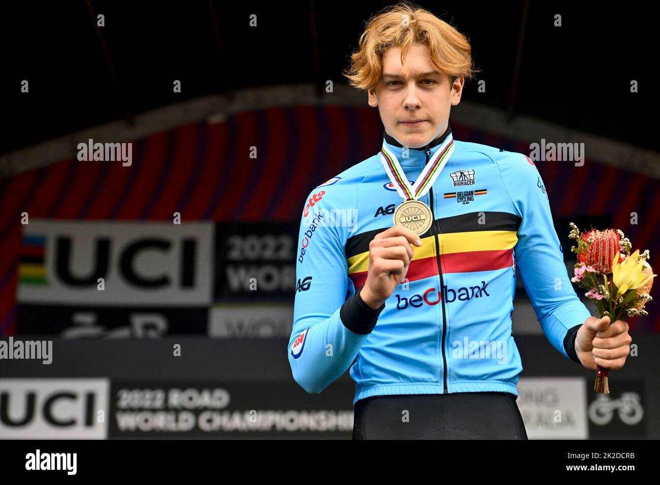 Belgian Vlad Van Mechelen celebrates on the podium after the Junior men ...