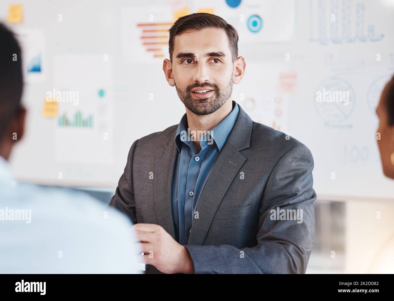 Business man, marketing and accounting speaker in a team office meeting ...