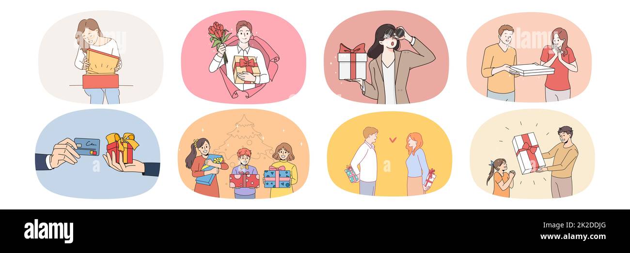 Bundle of people celebrate get birthday gifts Stock Photo - Alamy