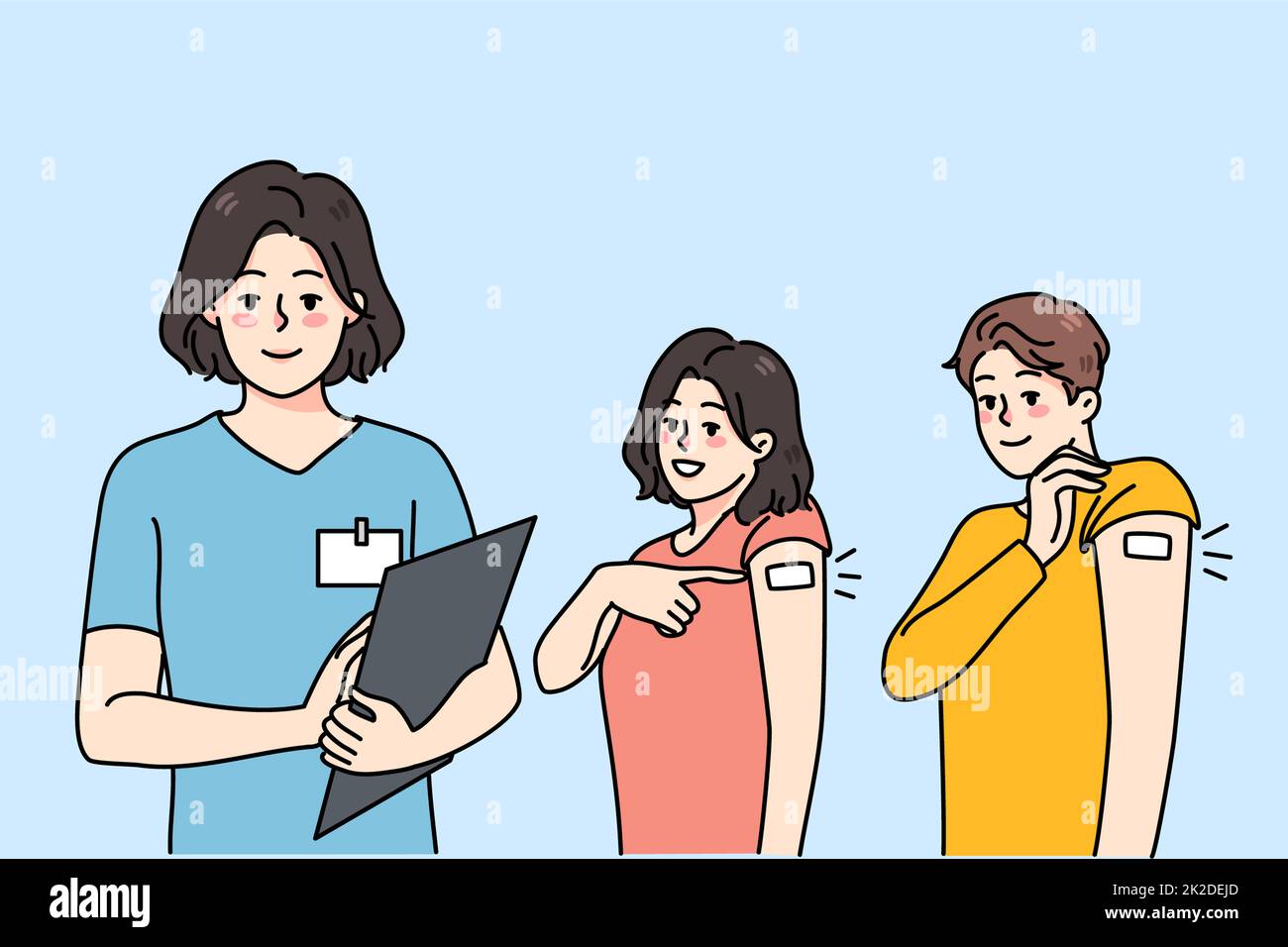 Smiling people show arms after covid vaccination Stock Photo - Alamy