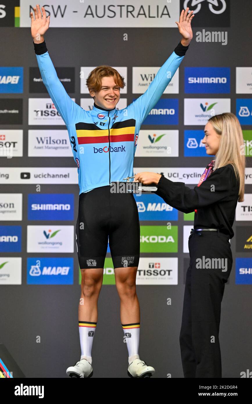 Belgian Vlad Van Mechelen celebrates on the podium after third place ...