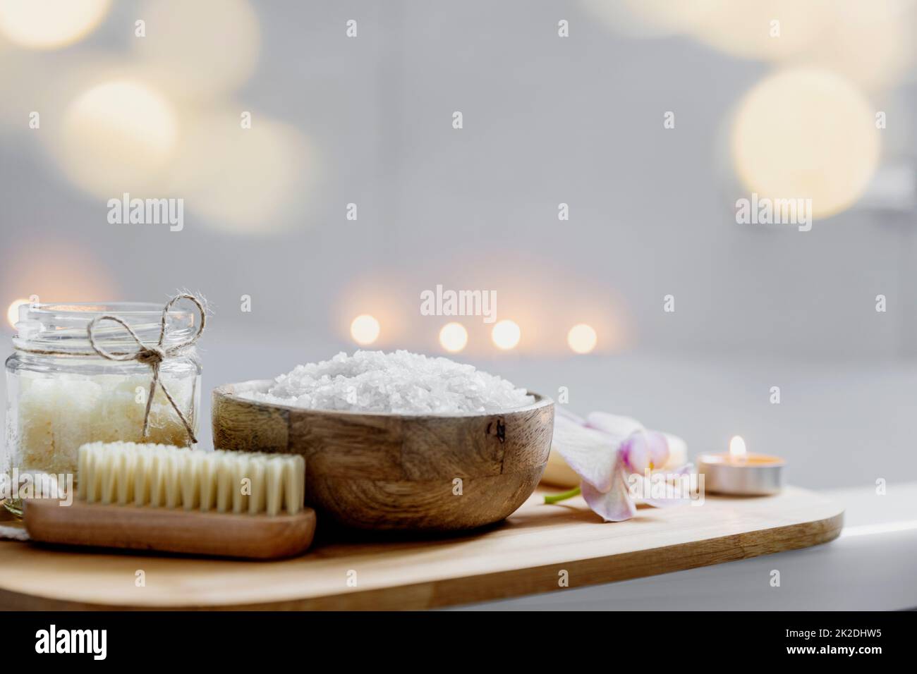Hotel spa treatment or home bath procedure. Bathroom with accessories ...