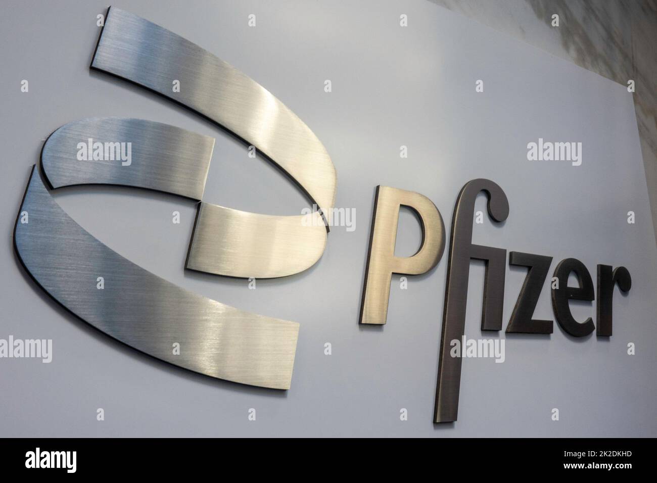 Pfizer World Headquarters building facade and sign, New York, City, USA ...